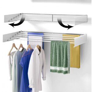 Wall Mounted Drying Rack 40",Laundry Drying Rack Collapsible, Retractable Clothes Drying Rack, 5 Aluminum Rods, 60 lb Capacity, with Wall Template, Screw, Drill Bit (White 40" Large)