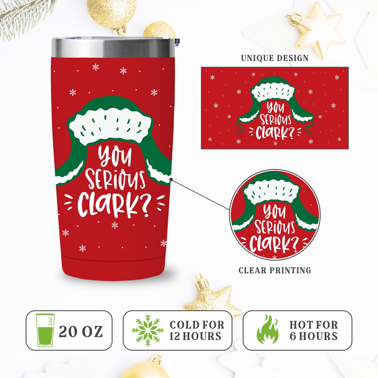 National Lampoons Christmas Vacation Merch Gifts, Funny Christmas Tumbler with Lid and Straw, 20 oz Stainless Steel Insulated Coffee Cups Keep Cold & Hot, White Elephant Gifts - You Serious Clark