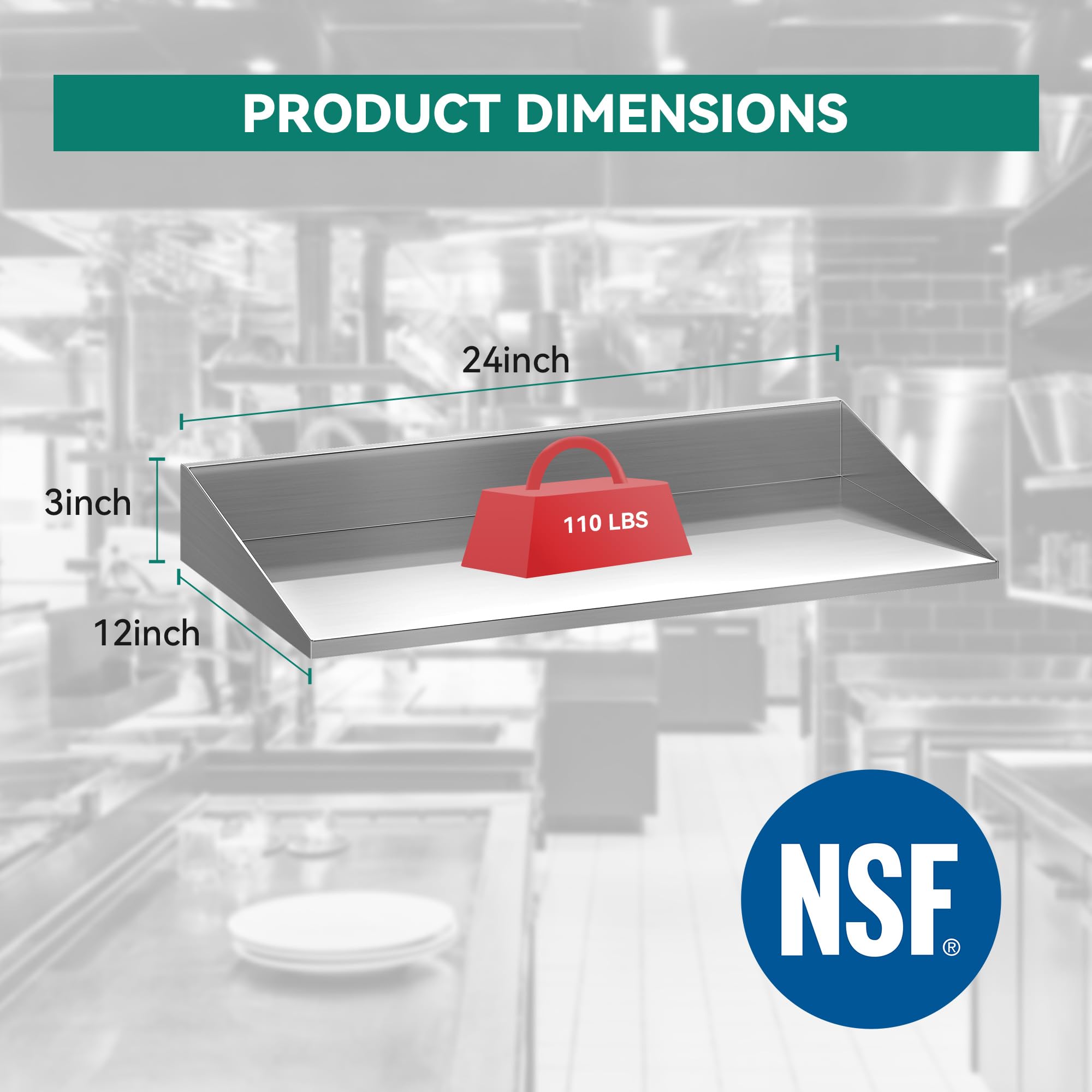 YITAHOME Stainless Steel Shelf 12 x 24 Inches, Wall Mount Metal Floating Sheld with Transparent Silicone Mat, NSF Commercial Kitchen Shelving Rack for Storage, Restaurant, Home, Hotel, Garage