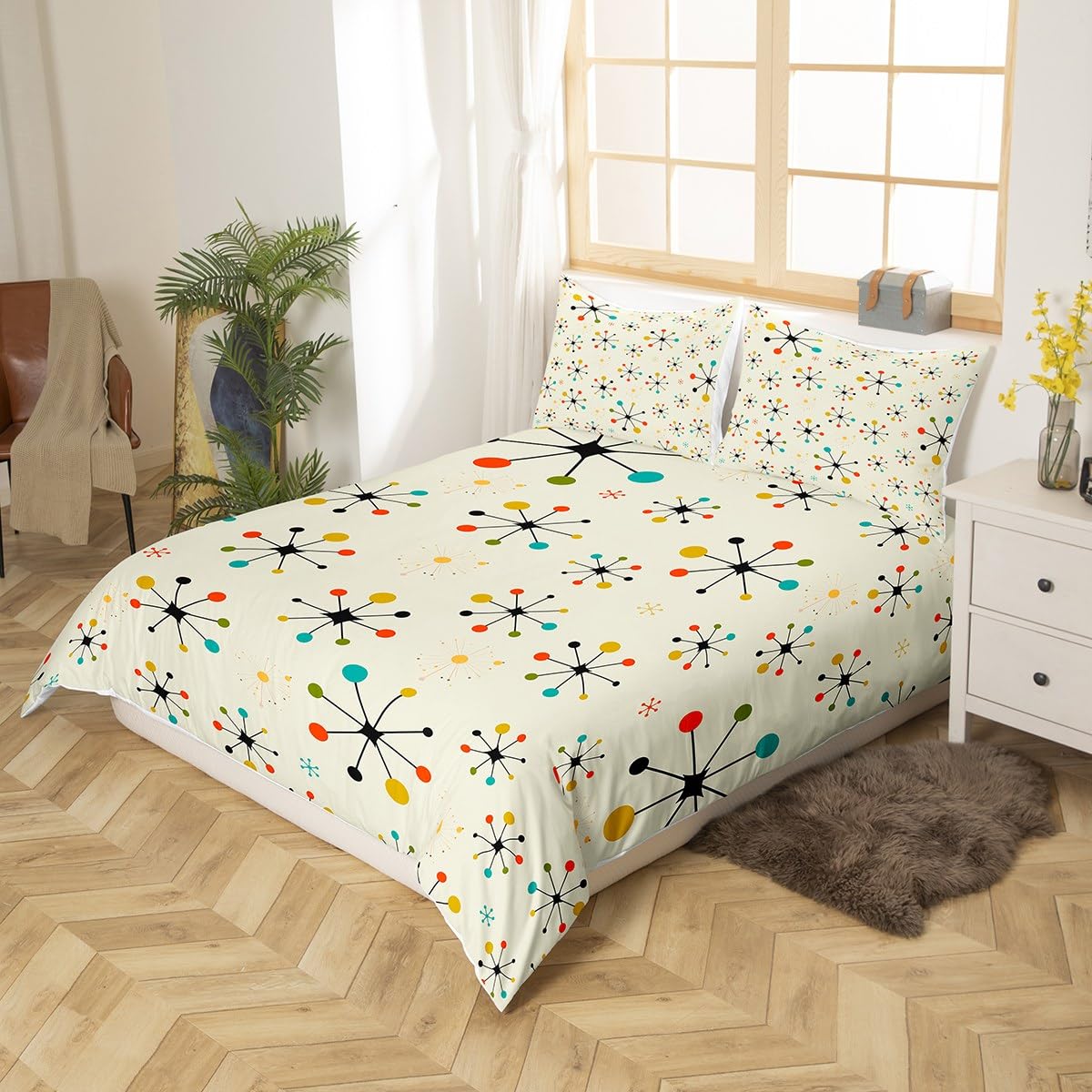 Erosebridal Modern Mid Century Duvet Cover Queen Retro Atomic Bedding Set, Rainbow Grid Comforter Cover Vintage Fifties 1950s Bed Set, Aesthetic Abstract Art Bedding Beige 3pcs (Zipper Closure)