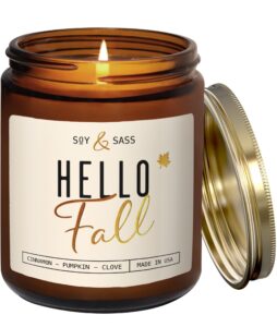 fall candles - 'hello fall candle'' autumn scented soy candles for home, fall scented candles for home, fall home décor, 9oz reusable jar, 50hr burn, made in usa