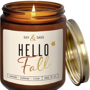 Fall Candles - 'Hello Fall Candle'' Autumn Scented Soy Candles for Home, Fall Scented Candles for Home, Fall Home Décor, 9oz Reusable Jar, 50Hr Burn, Made in USA