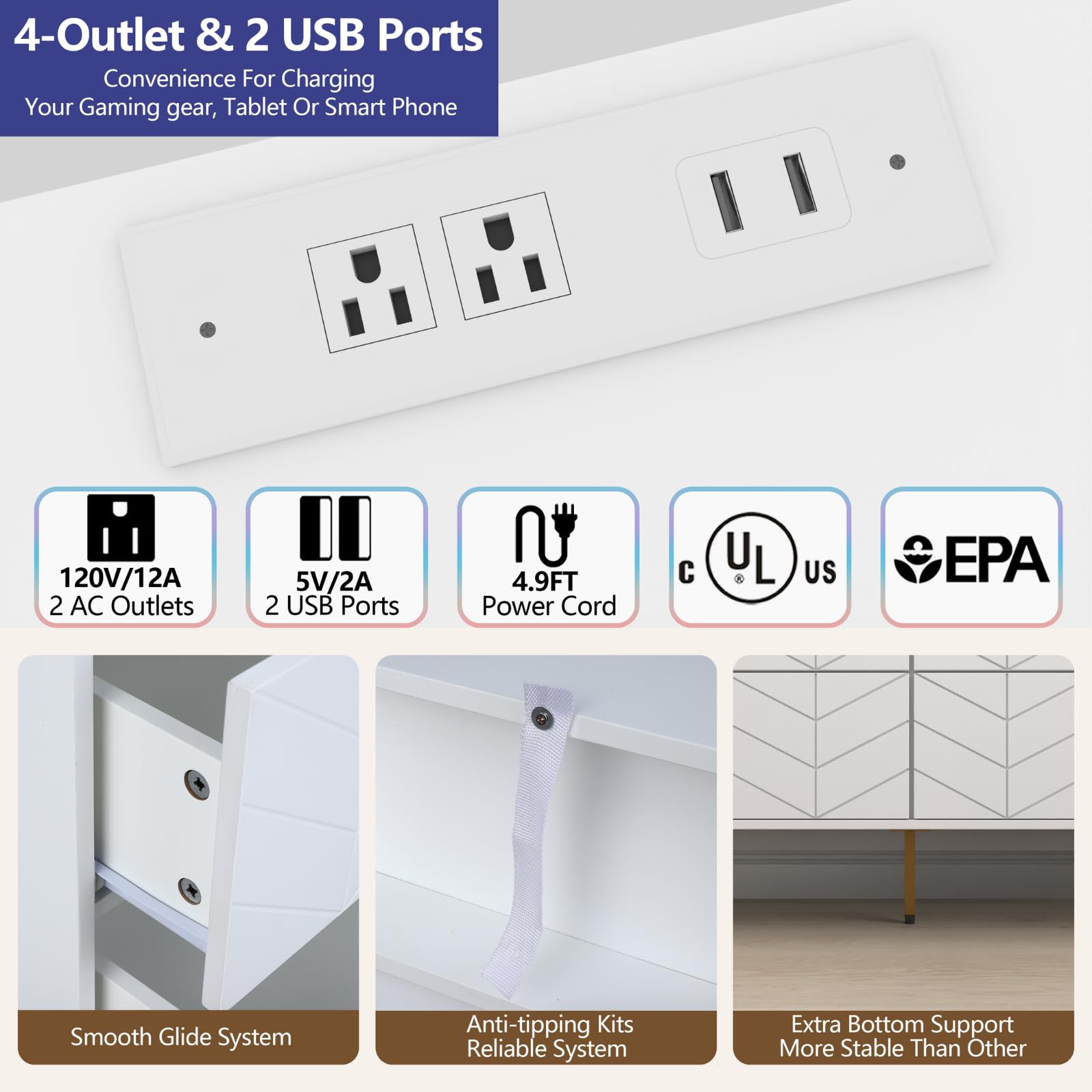 Loomie 6 Drawers Double Dresser with Power Outlet & LED Light,White Long Dresser Chests of Drawers with Storage Cubby,Wood Wide TV Dresser Stand for up to 55" for Bedroom,Hallway,Entryway