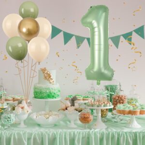 40 Inch Sage Green Number 1 Balloon, Olive Green 1st Birthday Balloons, Retro Sand White Avocado Green Gold Latex Balloons 1 Foil Balloon for Boy Girl Baby Shower 1st Birthday Jungle Party Decorations