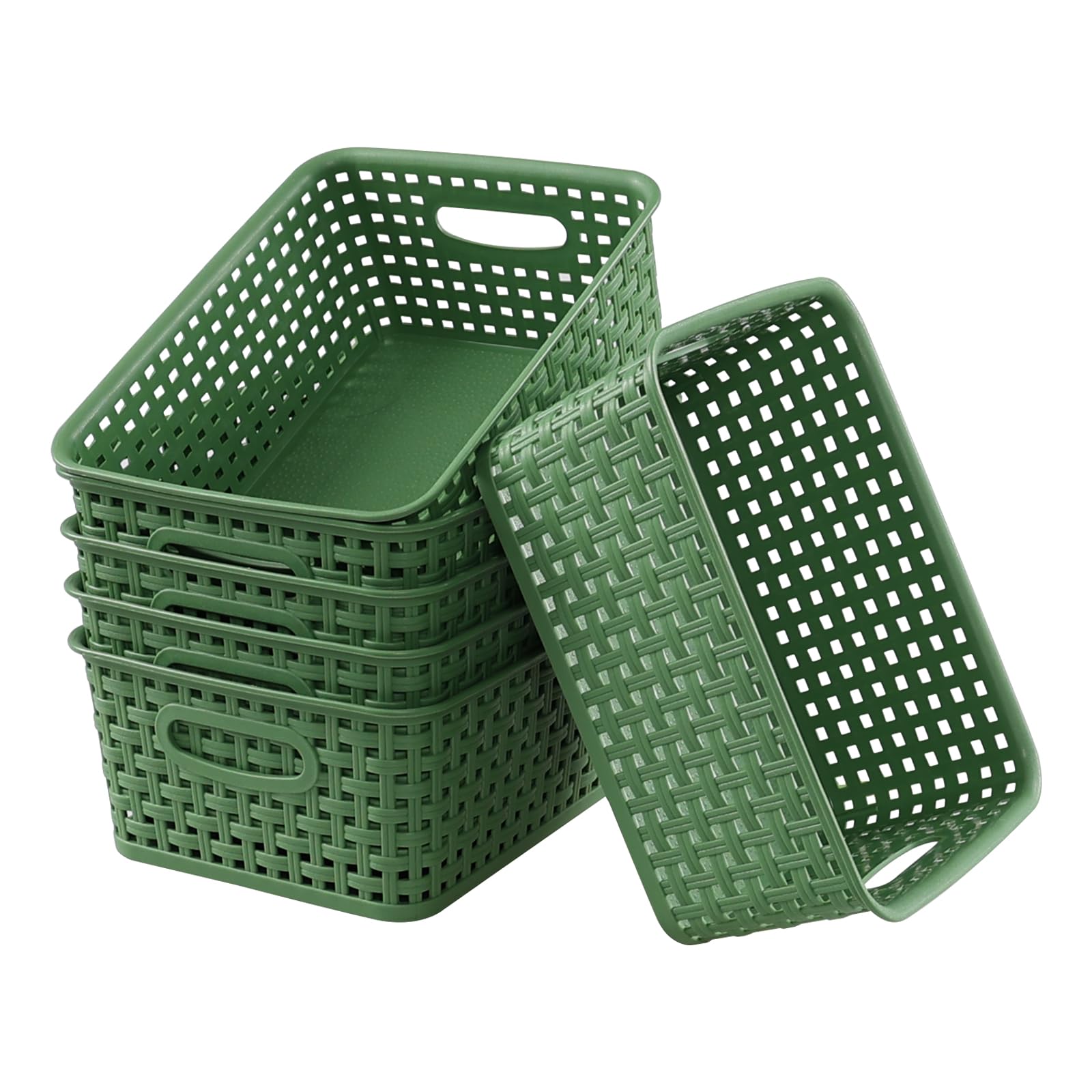 Sadstory Deep Green Plastic Woven Storage Basket, Plastic Shelf Basket, 6 Packs