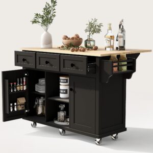 lumisol kitchen island on 5 wheels with wood drop leaf, storage cabinets and 3 drawers, rolling kitchen island cart with open storage shelves, black