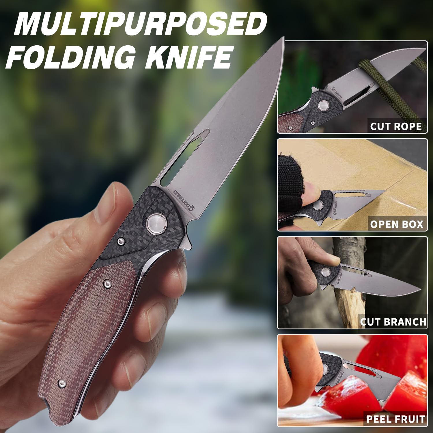 Cool Hand 4 3/8" Closed Ball Bearing Folding Knife, D2 Blade with Silver Stone Wash, Carbon Fiber Bolster & Micarta Handle, Liner Lock EDC Pocket Knives