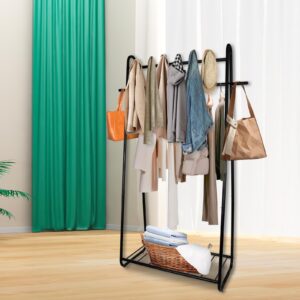 Fishat Heavy Duty Strong Black Garment Rack Clothing Hanging Clothes, 16" D x 41" W x 66" H with 6 Display Hooks, Freestanding Bottom Shelves Shoes Organization, Bedroom Living Study Room Entryway