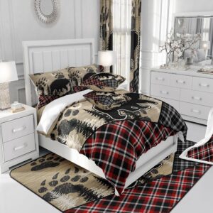 Retro Farmhouse Comforter Cover Bear Patchwork Bedding Set,Brown Wood Country Cabin Duvet Cover King Woodland Animals Dark Shadows Rustic Decor,Red Black Lattice Checkered Buffalo Plaid Decor