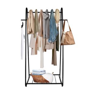 Fishat Heavy Duty Strong Black Garment Rack Clothing Hanging Clothes, 16" D x 41" W x 66" H with 6 Display Hooks, Freestanding Bottom Shelves Shoes Organization, Bedroom Living Study Room Entryway