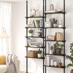 ALLZONE 5 Tiers Narrow Bookshelf, Tall Adjustable Ladder Book Shelf with Open Storage, Floor to Ceiling Tension Mount, Wooden Industrial Bookcase for Living Room, 92 to 116 Inch, Brown