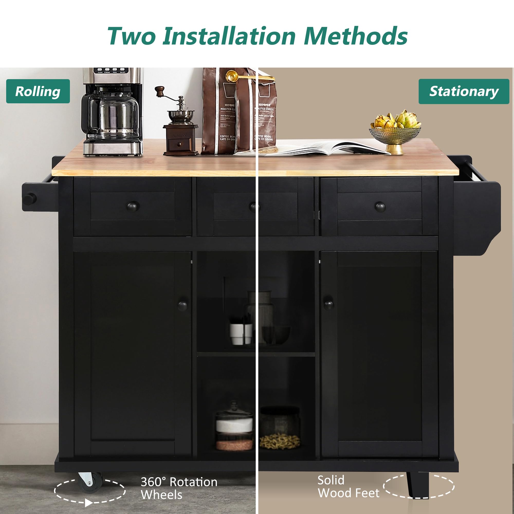 LUMISOL Kitchen Island on 5 Wheels with Wood Drop Leaf, Storage Cabinets and 3 Drawers, Rolling Kitchen Island Cart with Open Storage Shelves, Black