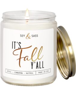 fall candles - 'it's fall yall' fall candle w/apple cinnamon & nutmeg i infused with essential oils i autumn fall scented candles i cozy cute fall décor fall gifts i 9oz jar i 50hr burn i made in usa