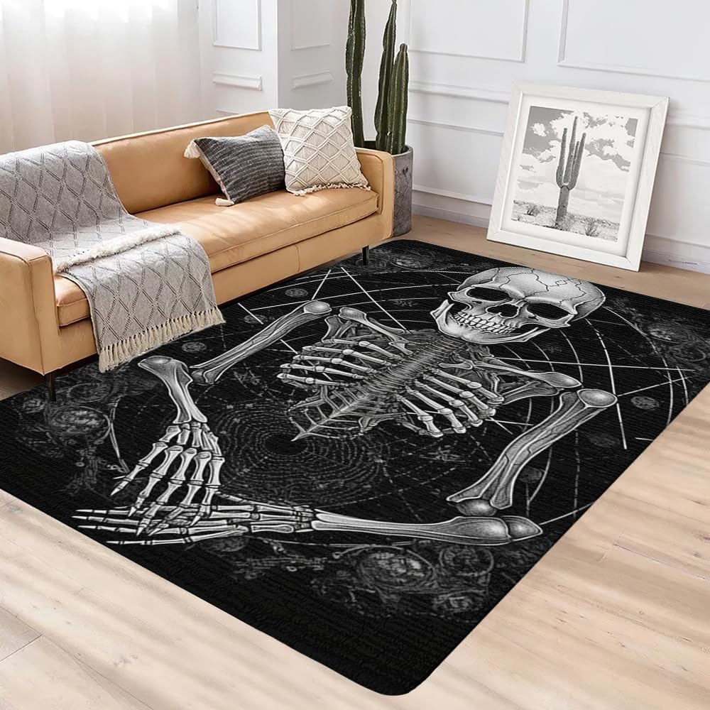 Spiderweb Skeleton Rug - Skeleton Rugs For Living Room Graphic Rugs Skeleton Bathroom Rugs Skeleton Decorations For Bedroom Modern Rug Large Skeleton Rug Skeleton Bath Mat Skeleton Halloween Decor