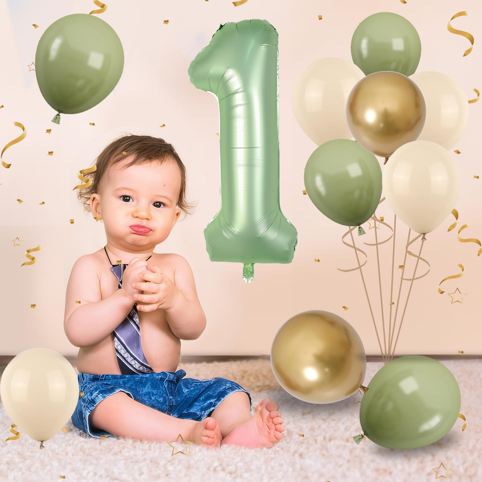 40 Inch Sage Green Number 1 Balloon, Olive Green 1st Birthday Balloons, Retro Sand White Avocado Green Gold Latex Balloons 1 Foil Balloon for Boy Girl Baby Shower 1st Birthday Jungle Party Decorations