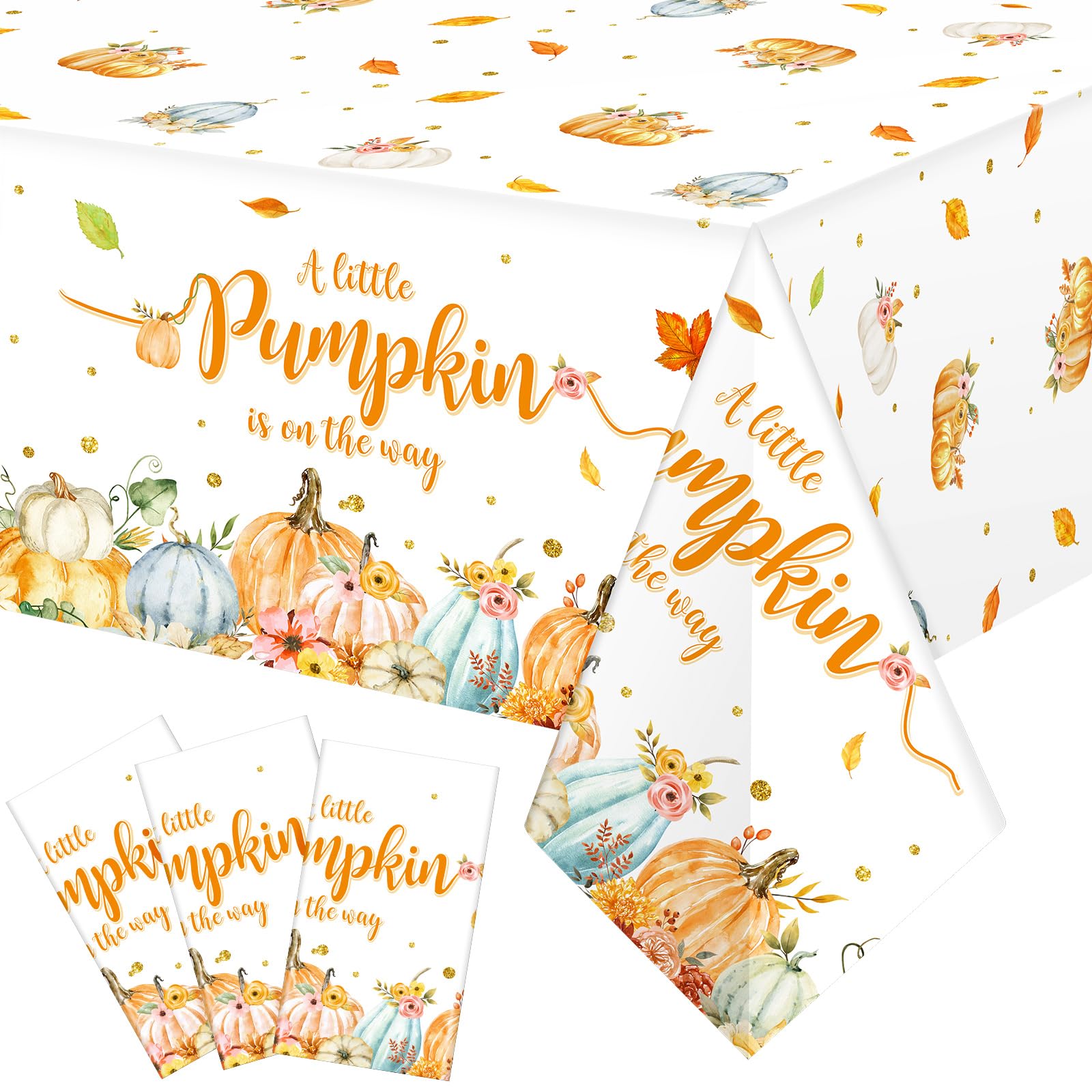 WovWeave 3 Pack Little Pumpkin Tablecloths Fall Baby Shower Party Decorations for Boy Girl A Little Pumpkin is On The Way Table Covers for Thanksgiving Pumpkin Party Favors Table Decor Supplies