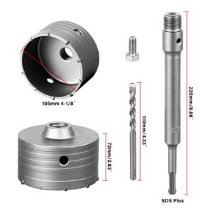 SALI Concrete Hole Saw Kits 4-1/8"（105mm） Tungsten Steel Wall Hole Cutter Drill Bit Sets with 220mm SDS Plus Shank Connecting Rod，110mm Center Positioning Drill Bits for Cinder Block,Brick,Adobe Wall