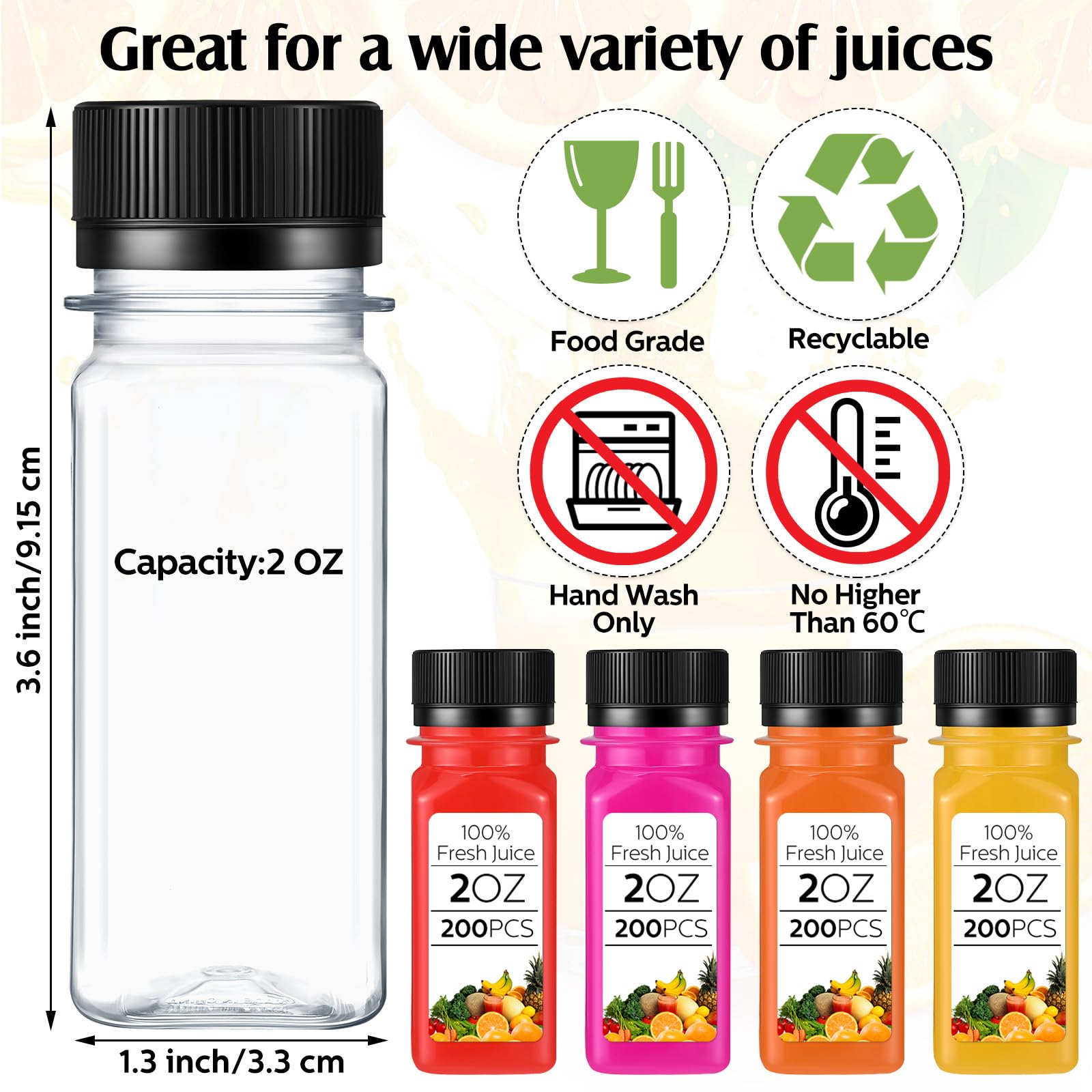 Sliner 200 Pcs 2oz Small Plastic Juice Bottles Ginger Juice Bottle with Lids Liquid Vial Reusable Clear Beverage Container with Lid, Freezer Safe, Leak Proof for Juice, Water, Milk(Black Lid)