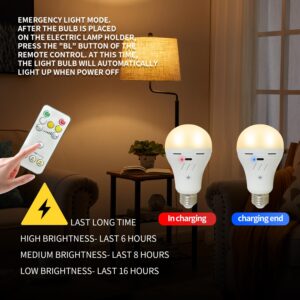 MXhme Rechargeable Light Bulbs with Remote Control,700lm,2600mAh Battery Emergency Light Bulb for Power Outage and Camping Outdoor, 3 Level Dimmable, 3000K/4000K/6000K, 50 Watt Equivalent,2Pack