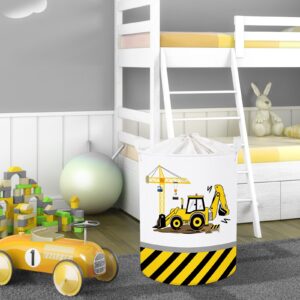 Clastyle 45L Cartoon Yellow Excavator Boys Laundry Basket Bulldozer Crane Engineering Vehicles Kid Hamper Round Toys Clothes Storage Baskets with Drawstring