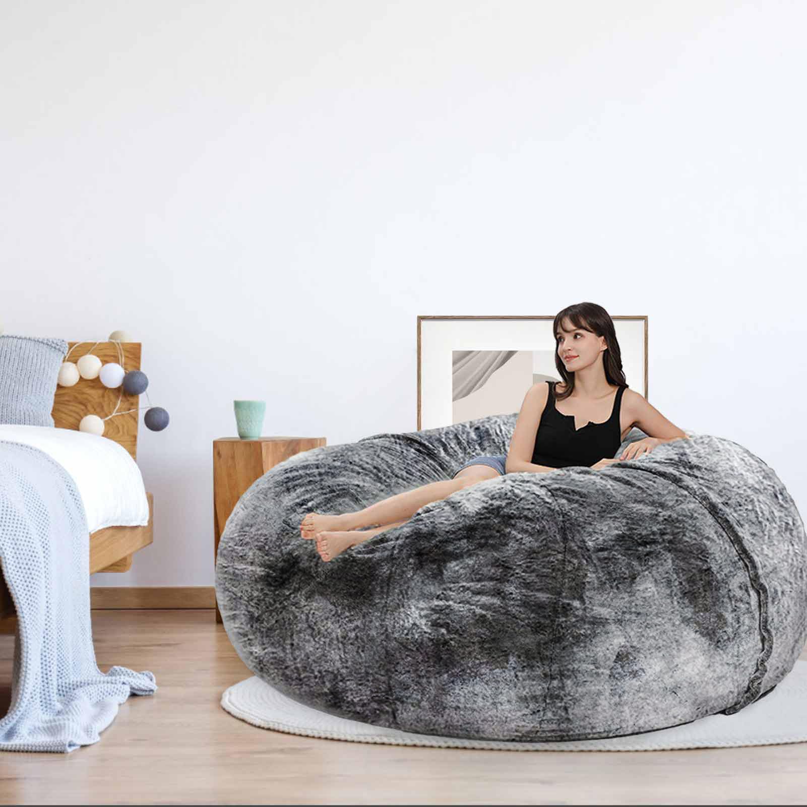 HDMLDP Bean Bag Chair for Adults Kids Without Filling Comfy Fluffy Giant Round Beanbag Lazy Sofa Cover for Reading Chair Floor Chair, 6FT, Dark Grey