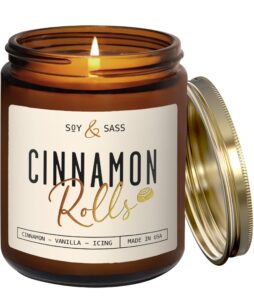 cinnamon candle, fall candles, christmas candles - 'cinnamon rolls' autumn scented soy candles for home, 9oz reusable jar, 50hr burn, made in usa