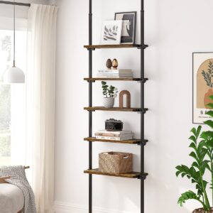 ALLZONE 5 Tiers Narrow Bookshelf, Tall Adjustable Ladder Book Shelf with Open Storage, Floor to Ceiling Tension Mount, Wooden Industrial Bookcase for Living Room, 92 to 116 Inch, Brown