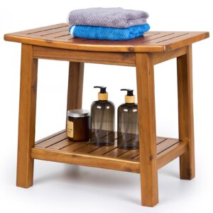 upolana teak shower bench, 20" solid wood shower stool waterproof shower seat with storage shelf for bathroom, indoor & outdoor use