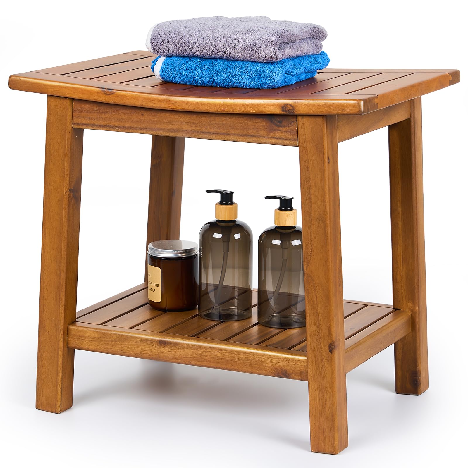 Upolana Teak Shower Bench, 20" Solid Wood Shower Stool Waterproof Shower Seat with Storage Shelf for Bathroom, Indoor & Outdoor Use