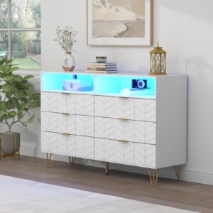 Loomie 6 Drawers Double Dresser with Power Outlet & LED Light,White Long Dresser Chests of Drawers with Storage Cubby,Wood Wide TV Dresser Stand for up to 55" for Bedroom,Hallway,Entryway