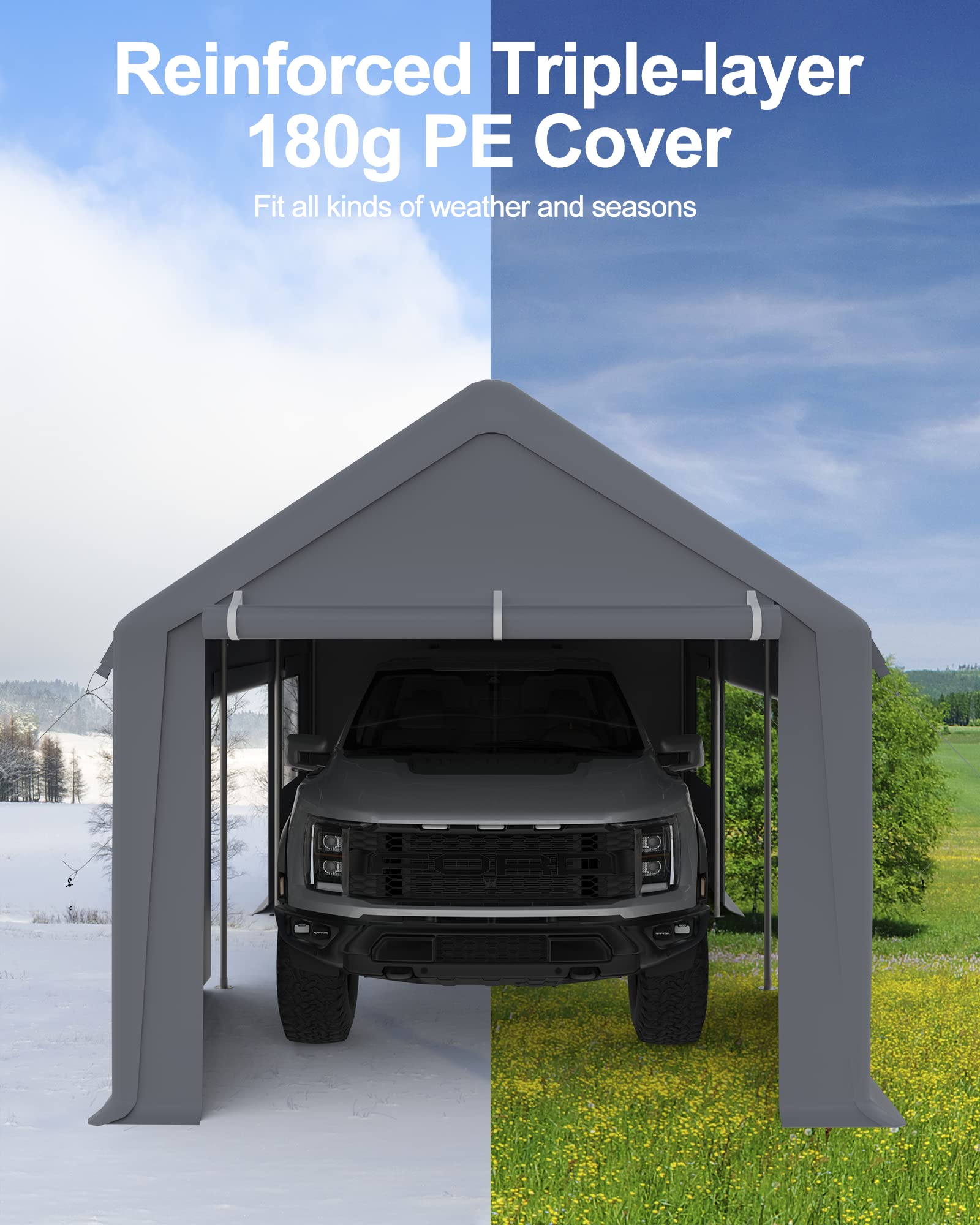 DEXSO Carport 13'x20' Portable Garage, with Heavy Duty Car Port Canopy, Height Adjustable Poles, Roll-up Doors & Windows, Large Outdoor Storage Shed for Pickup, Boat, and Equipment, Gray