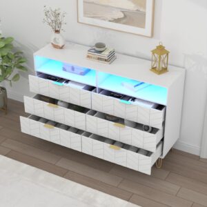 Loomie 6 Drawers Double Dresser with Power Outlet & LED Light,White Long Dresser Chests of Drawers with Storage Cubby,Wood Wide TV Dresser Stand for up to 55" for Bedroom,Hallway,Entryway