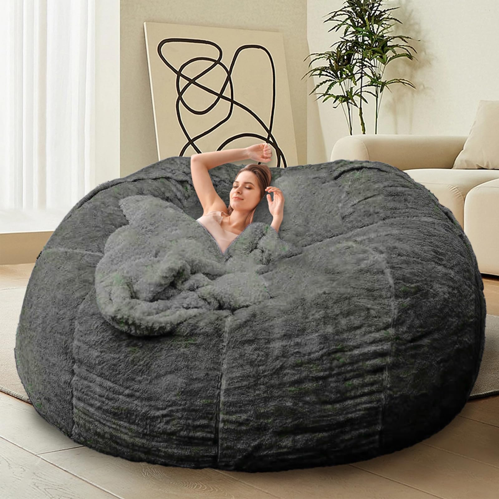 HDMLDP Bean Bag Chair for Adults Kids Without Filling Comfy Fluffy Giant Round Beanbag Lazy Sofa Cover for Reading Chair Floor Chair, 6FT, Dark Grey