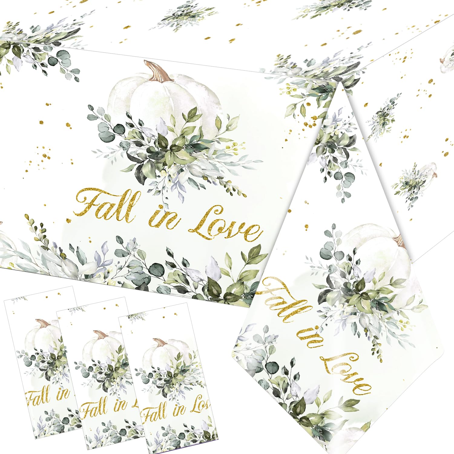 3pcs Fall in Love Bridal Shower Tablecloths Fall in Love Bridal Shower Decor, Green Pumpkin Fall Wedding Shower Table Covers for Engagement Falling in Love Bridal Shower Decorations Favors