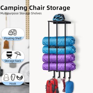 Camping Chair Storage, Metal Camping Chair Holder for Garage with 4 Hooks, Beach Chair and Umbrella Wall Storage Rack, Black