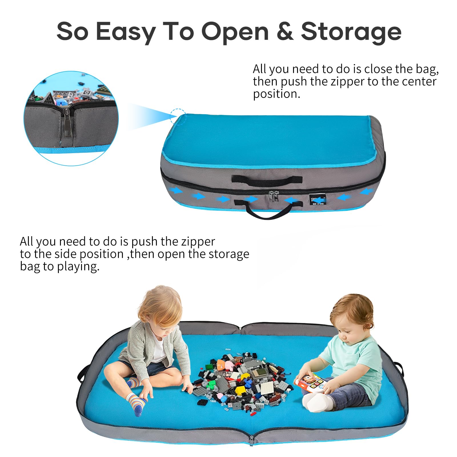 BBpara - Toy Storage Organizer & Play Mat for Building Bricks & Blocks - Toy Storage Bags Play Mat with Zipper - Easy to Keep The Kids Rooms Neat & Tidy - 45 Inches Large Size - Blue