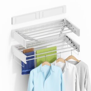 yepater wall mounted clothes drying rack, collapsible drying racks for laundry bathroom, 5 stainless steel rods, 60 lb capacity, with wall template screwdriver bit, drill bit, white,40 in