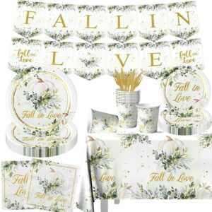 fall in love bridal shower decorations fall bridal shower tableware-142pcs white pumpkin greenery fall in love plates napkins tablecloth for wedding engagement supplies