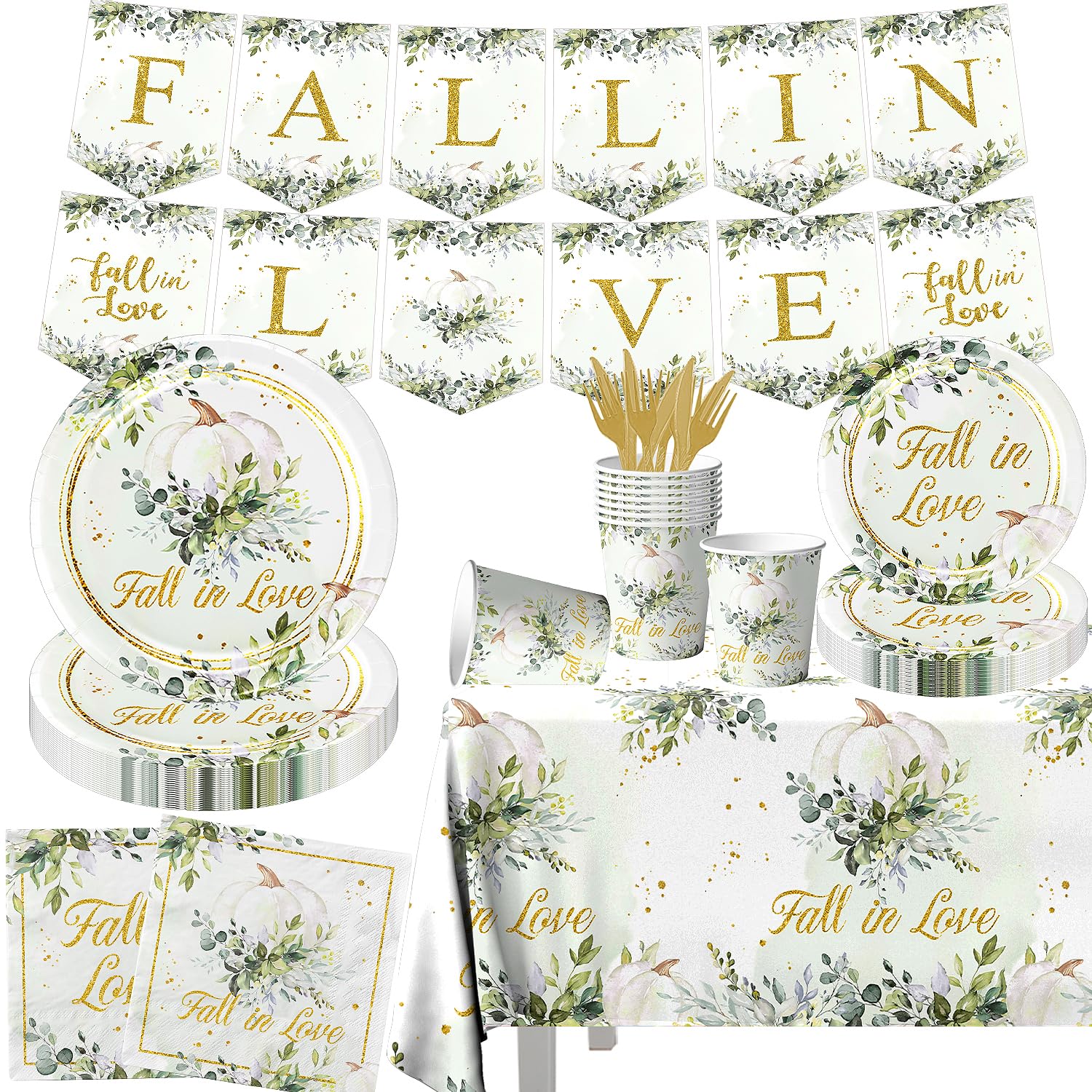 Fall in Love Bridal Shower Decorations Fall Bridal Shower Tableware-142pcs White Pumpkin Greenery Fall in Love Plates Napkins Tablecloth for Wedding Engagement Supplies