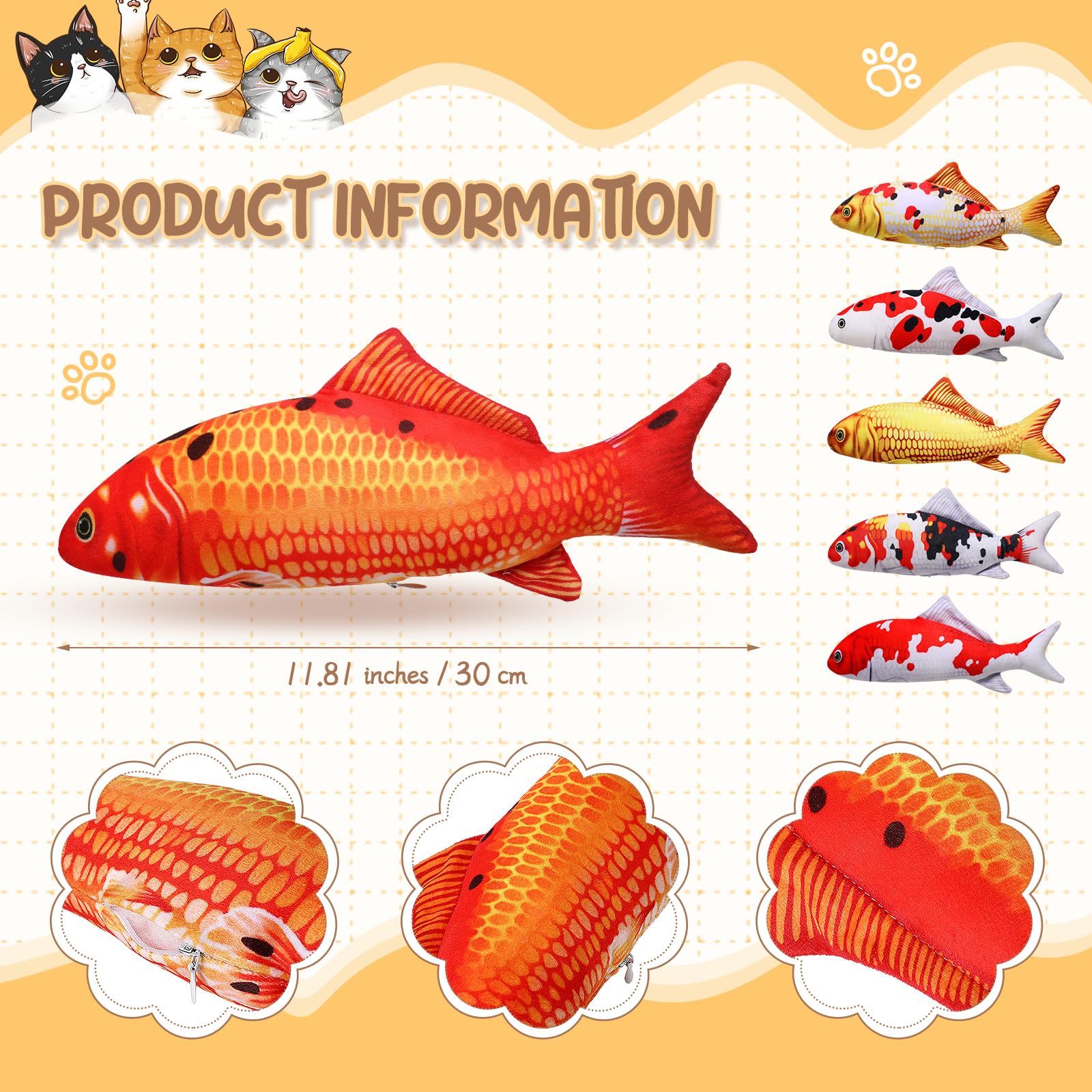 Barydat 6 Pcs 12 Inch Fish Plush Toy Pillow Soft Fish Cushion Pillow Fish Stuffed Animal Realistic Fish Stuffed Carp Toy for Cat Pets or Kids Birthday Gifts