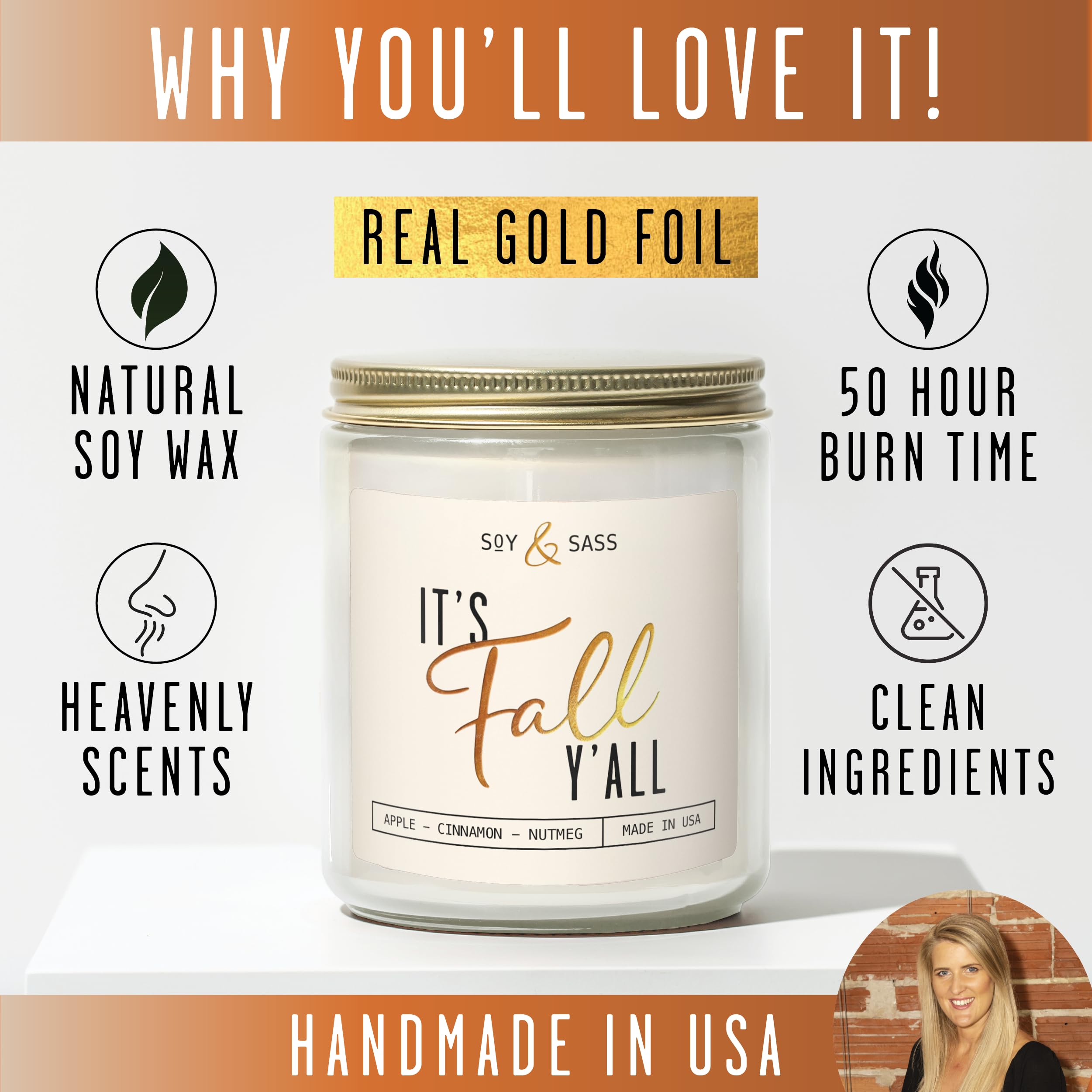 Fall Candles - 'It's Fall Yall' Fall Candle w/Apple Cinnamon & Nutmeg I Infused with Essential Oils I Autumn Fall Scented Candles I Cozy Cute Fall Décor Fall Gifts I 9oz Jar I 50Hr Burn I Made in USA