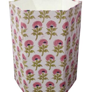 Christmas Decorative Hand Block Printed Waste Basket/Trash Can/Garbage Can/Card Board Trash Can Housewarming Gift (Pink&Green)