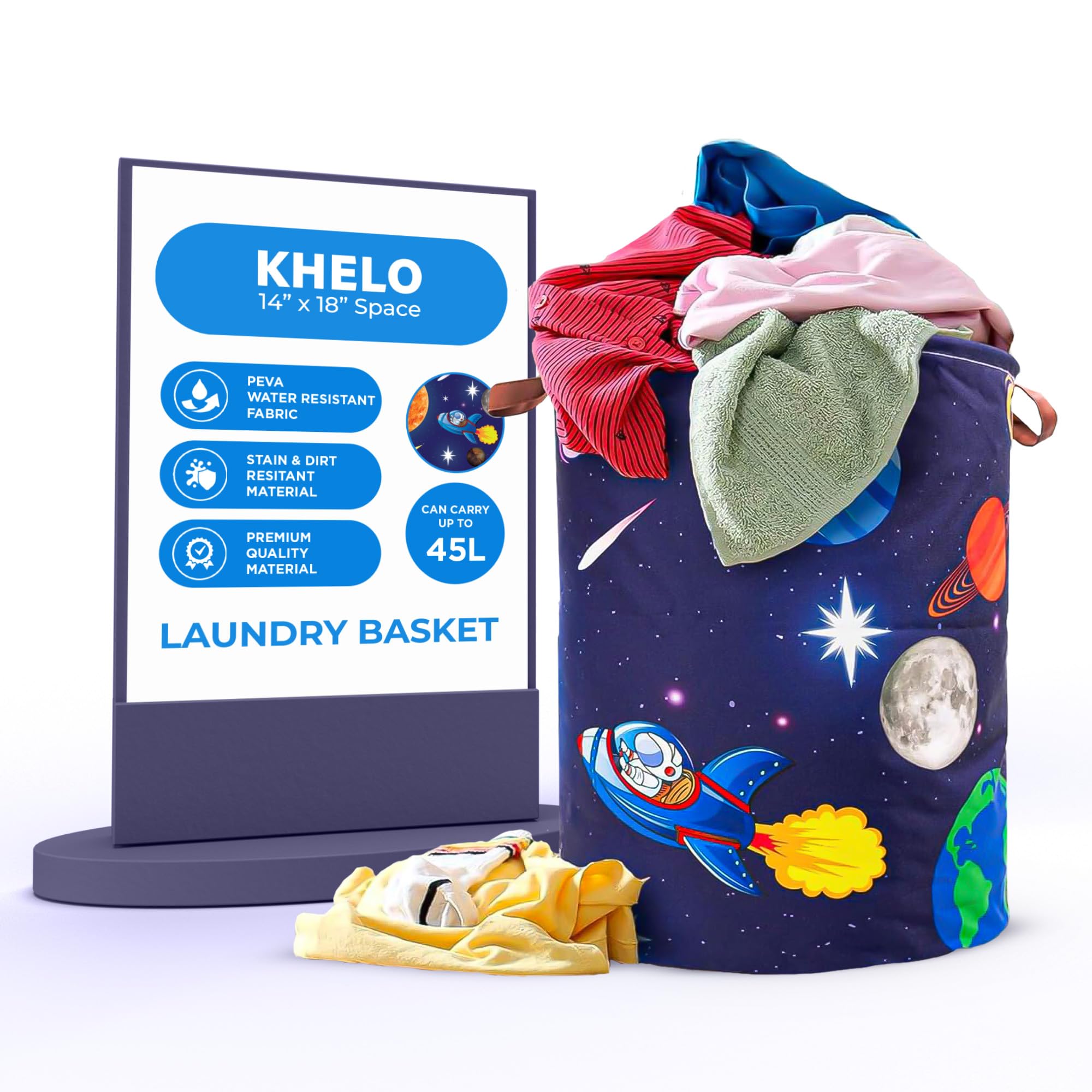 Khelo Kids Laundry Basket - Astronaut Space Rocket Themed - Canvas Laundry Hamper, Kids Clothes Storage for Boys & Girls - Toddler Laundry Basket - Waterproof Foldable Laundry Basket with Handles, 45L