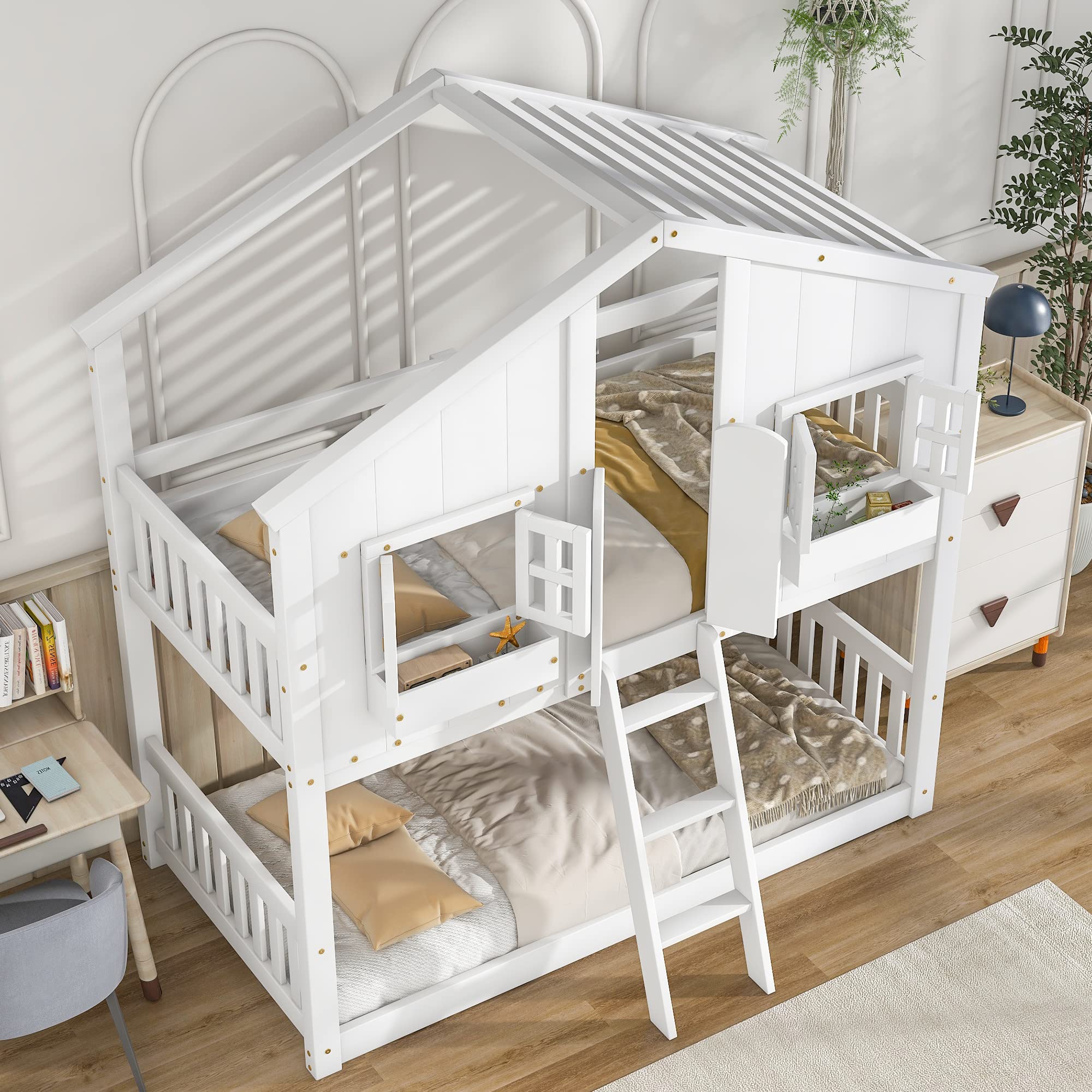 BOVZA Twin Over Twin House Bunk Beds with Roof and Window Door, Window Box, Ladder, Wood Playhouse Bunk Bed for Kids Girls Boys Teens, White