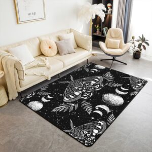 gothic moth area rug 5x7, skeleton halloween boho death moth decor rug, animal skeleton skull carpet runner non slip, bohemian sun and moon area rugs for bedside living room dining room under table