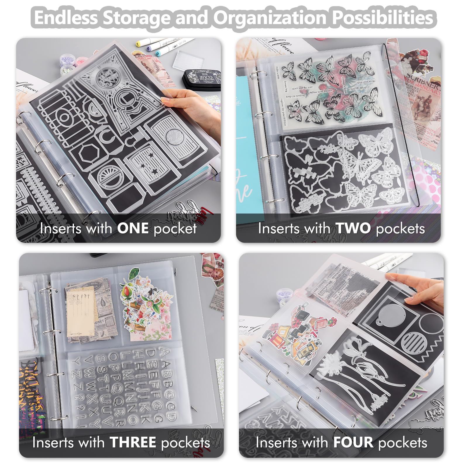 A4 Die Storage Book Binder,Die&Stamp Storage Folder,Page Protectors Pockets Inserts Organizer for Cutting Dies Stencil Album Stamp Crafts,1PCS Storage Book Cover&20PCS Inserts with 1/2/3/4 pockets