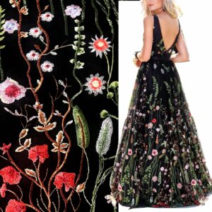 buchuang lace fabric,2 yards black beautiful multicolor seaweed flowers dense embroidery fabric tulle lace diy for sewing dress accessories (71inch x 59inch)