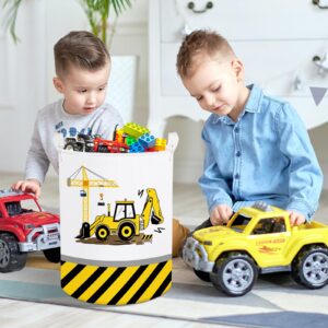 Clastyle 45L Cartoon Yellow Excavator Boys Laundry Basket Bulldozer Crane Engineering Vehicles Kid Hamper Round Toys Clothes Storage Baskets with Drawstring