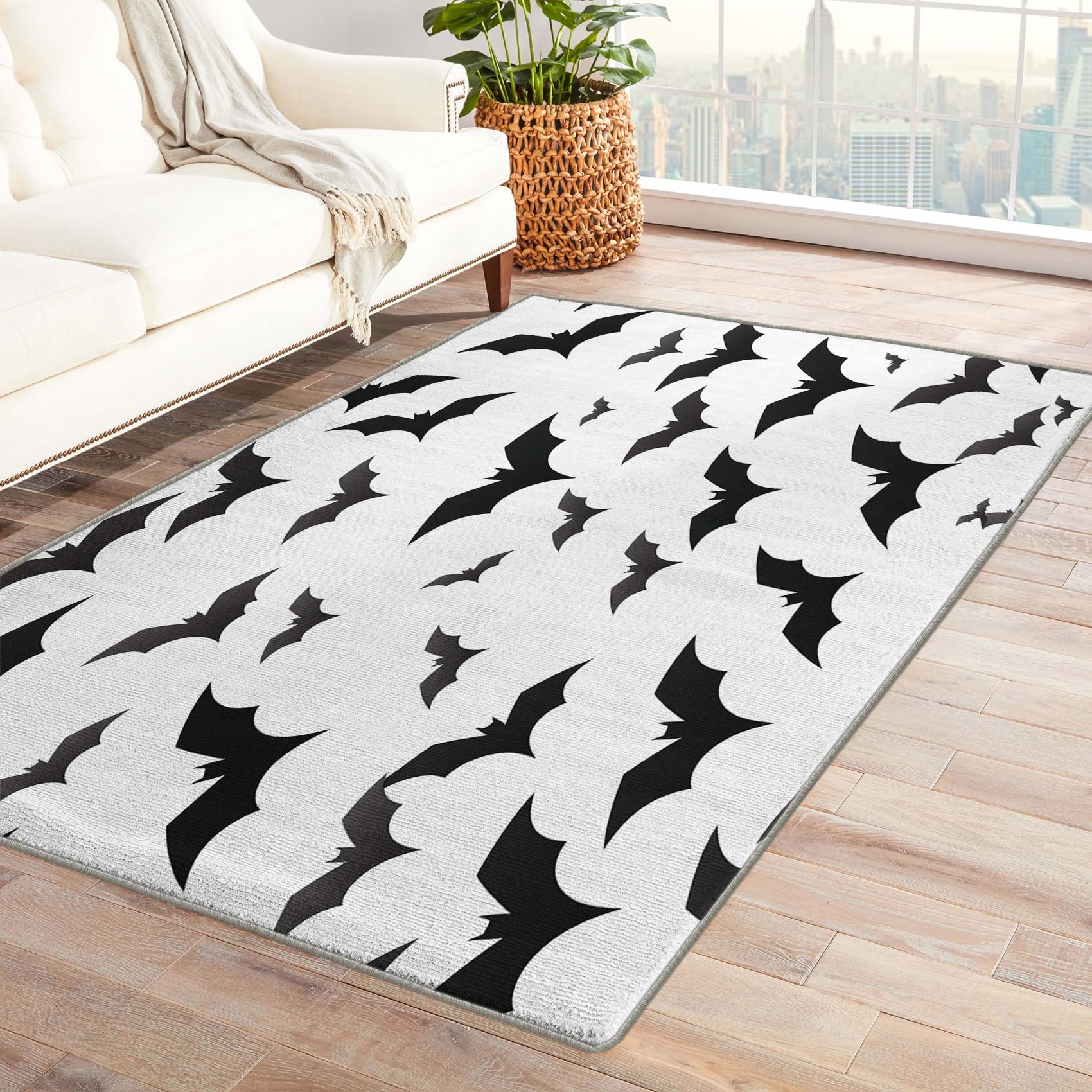 Bat Rug 2x3 ft, Halloween Area Rug, Black and White Rugs for Entryway Living Room Bedroom, Halloween Themed Carpet, Kids Room Decor for Boys Girls, Washable Non Slip Soft Low Pile Indoor Door Mat