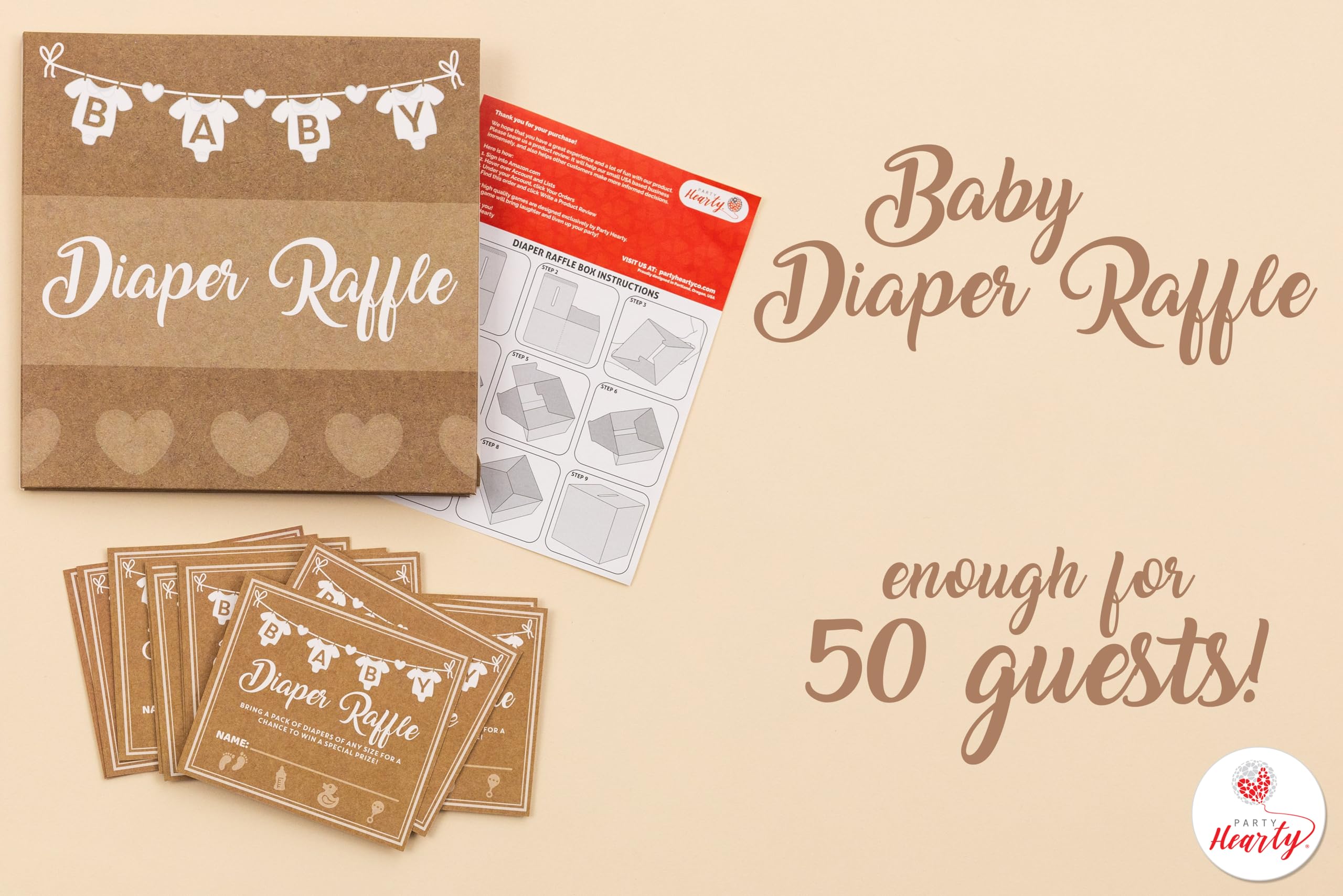 Party Hearty Baby Shower Games for Girl or Boy, 50 Diaper Raffle Tickets, Diaper Raffle Ticket Cards Box, Baby Shower Decorations, Raffle Prizes, Baby Shower Ideas